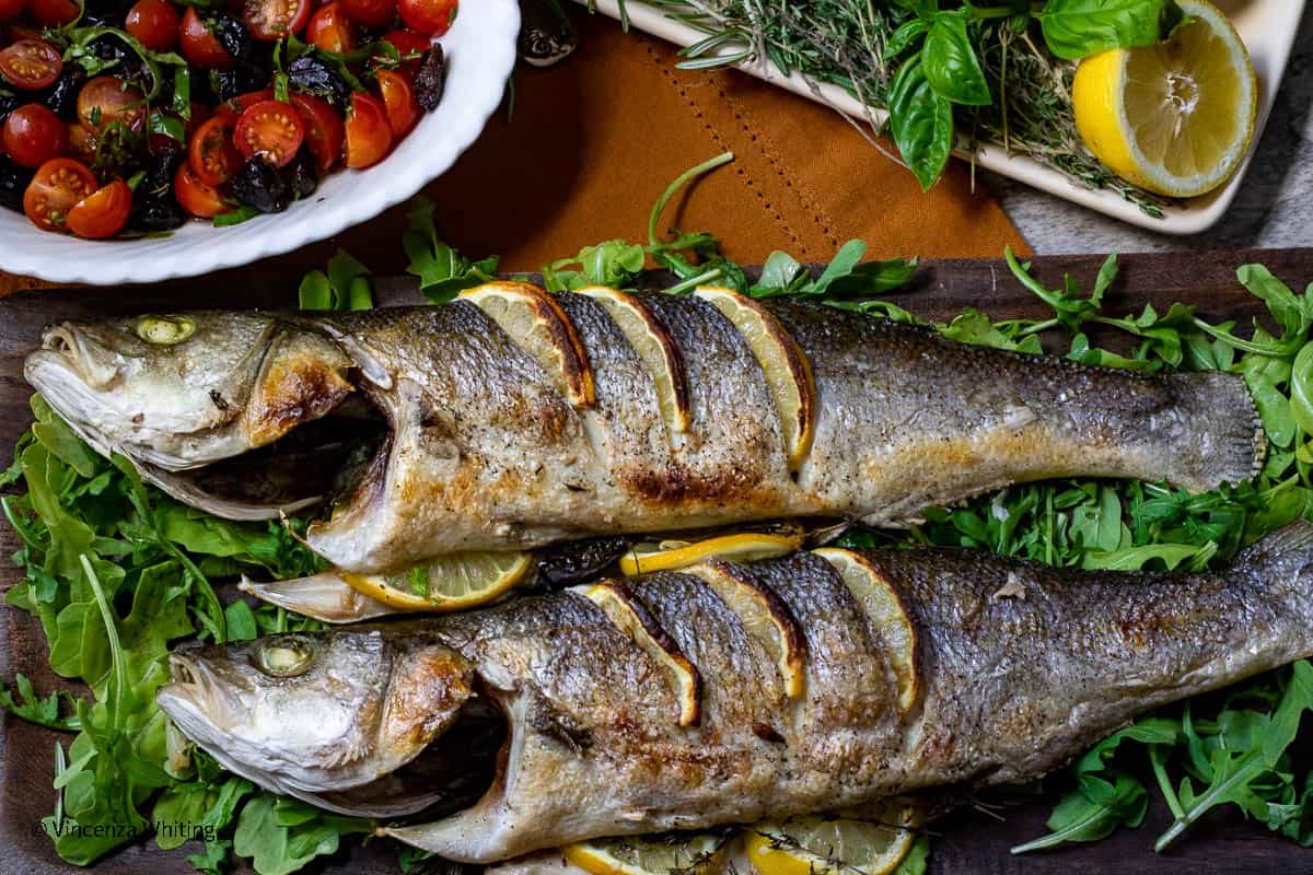 Whole Roasted Branzino with Tomato and Olive Salad