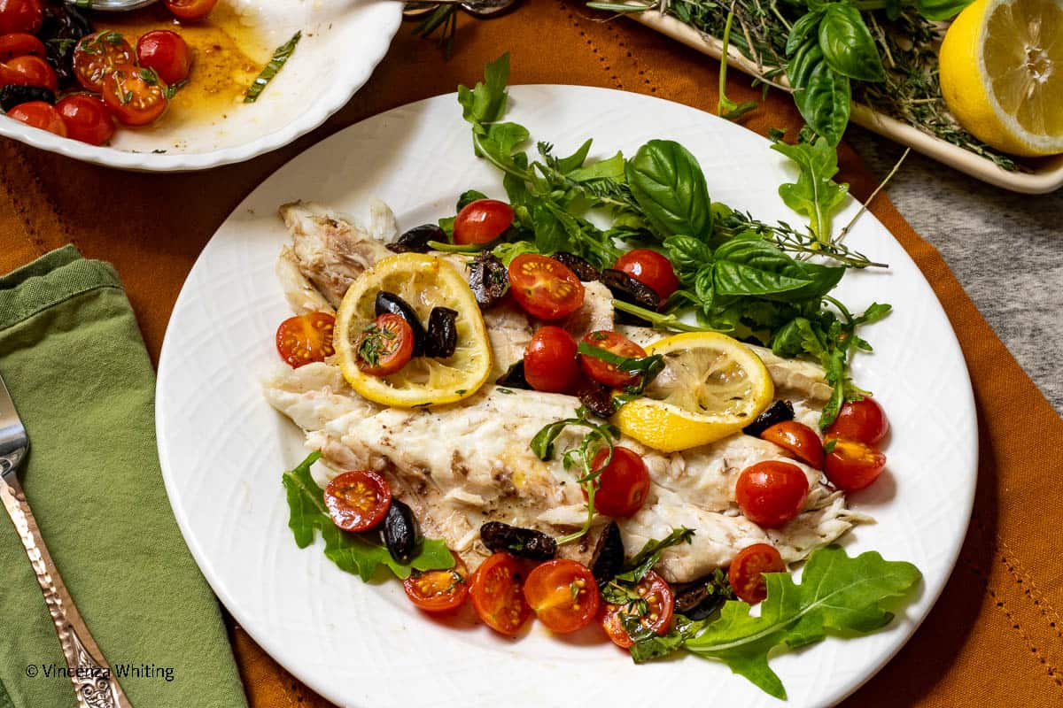 Whole Roasted Branzino with Tomato and Olive Salad