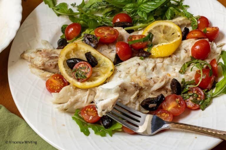 Whole Roasted Branzino with Tomato and Olive Salad