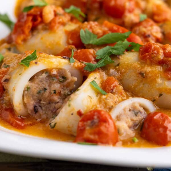 Tender Stuffed Calamari in Tomato & White Wine Sauce (Calamari Ripieni)